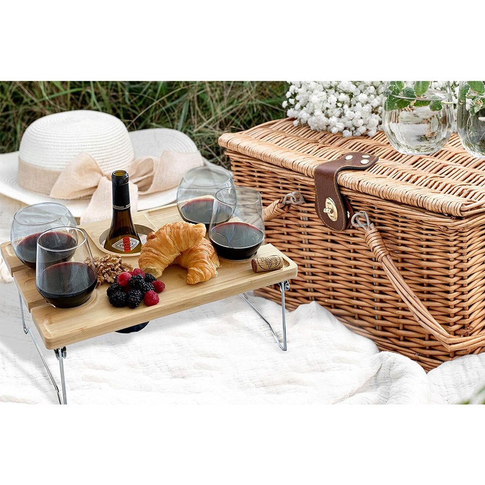Portable Folding Wine Snack Picnic Table Outdoor Camping With 4 Glasses ...