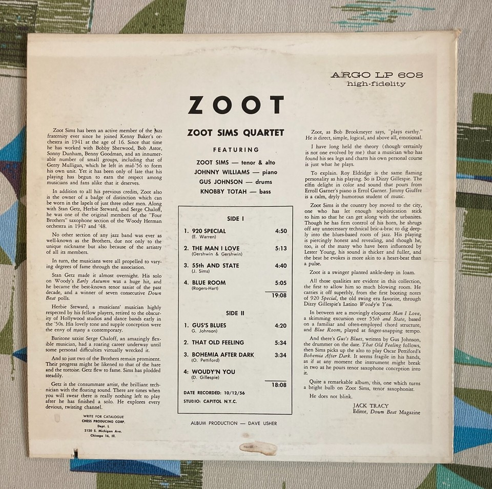 Zoot Sims Quartet LP Zoot Argo VG/VG++ | eBay