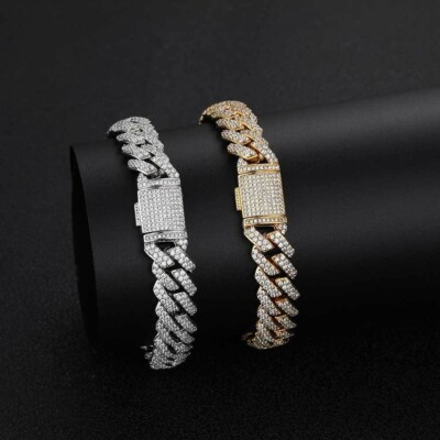 10MM Men's Gold Plated Stainless SteeI Iced CZ Out Cuban Link Bracelet ...