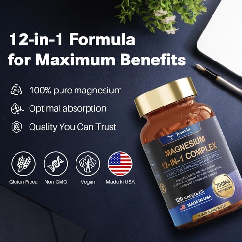 Totaria Magnesium 12 in 1 Complex 700mg - for Muscle, Heart, Bone ...