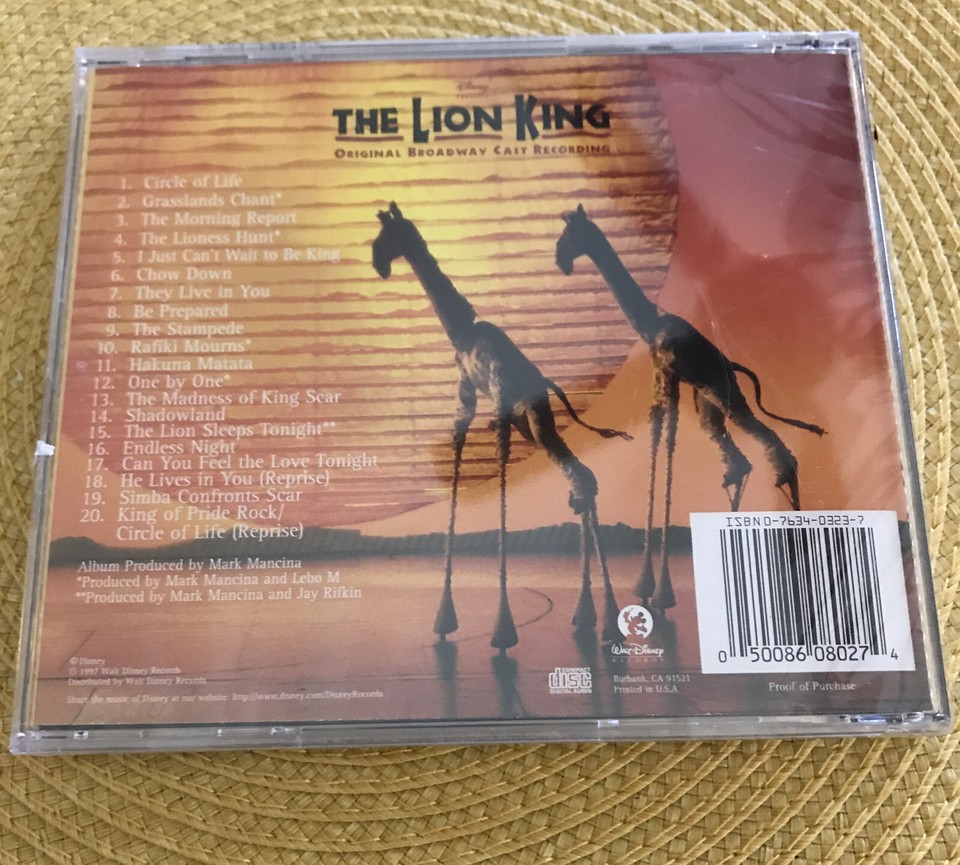 THE LION KING Original Broadway Cast Recording Musical CD Walt Disney ...