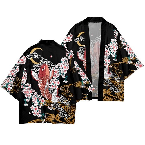 Japanese Men Printed Kimono Yukata Coat Open Front Cardigan Loose ...