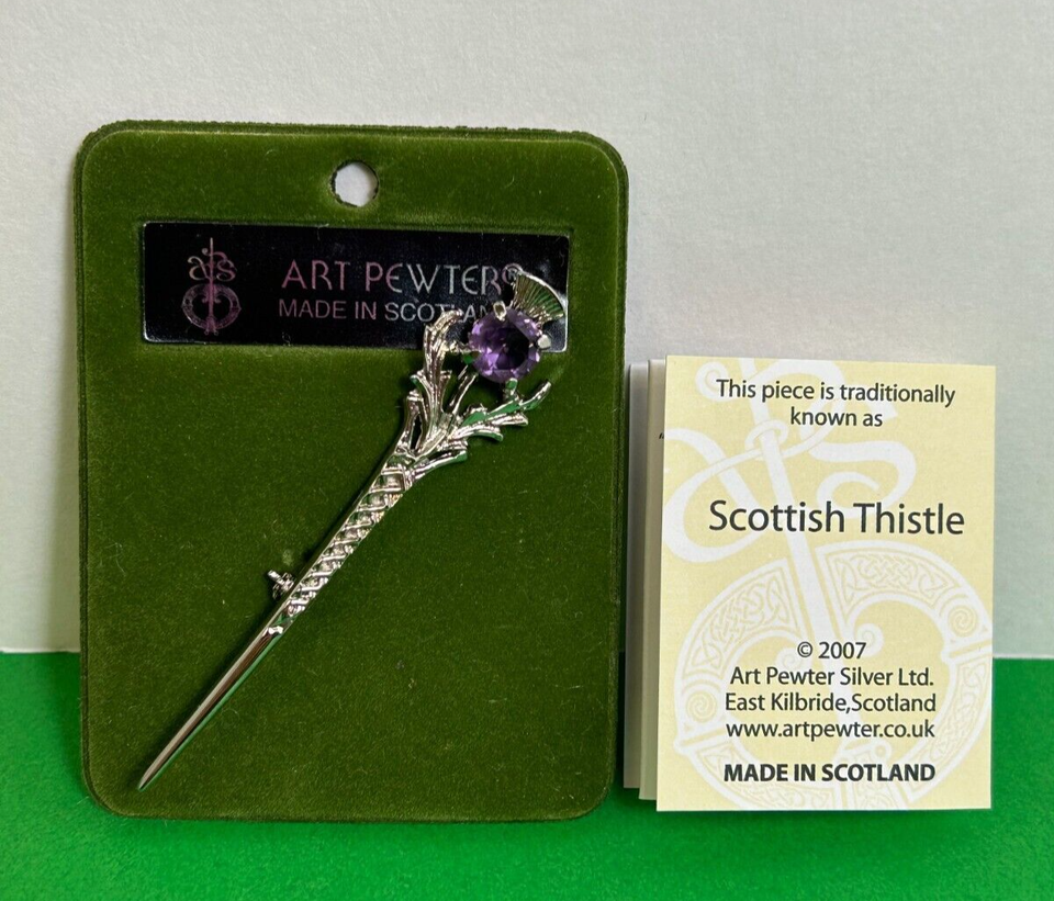ART PEWTER MADE IN SCOTLAND SCOTTISH THISTLE KILT PIN/BROOCH W/ PURPLE ...