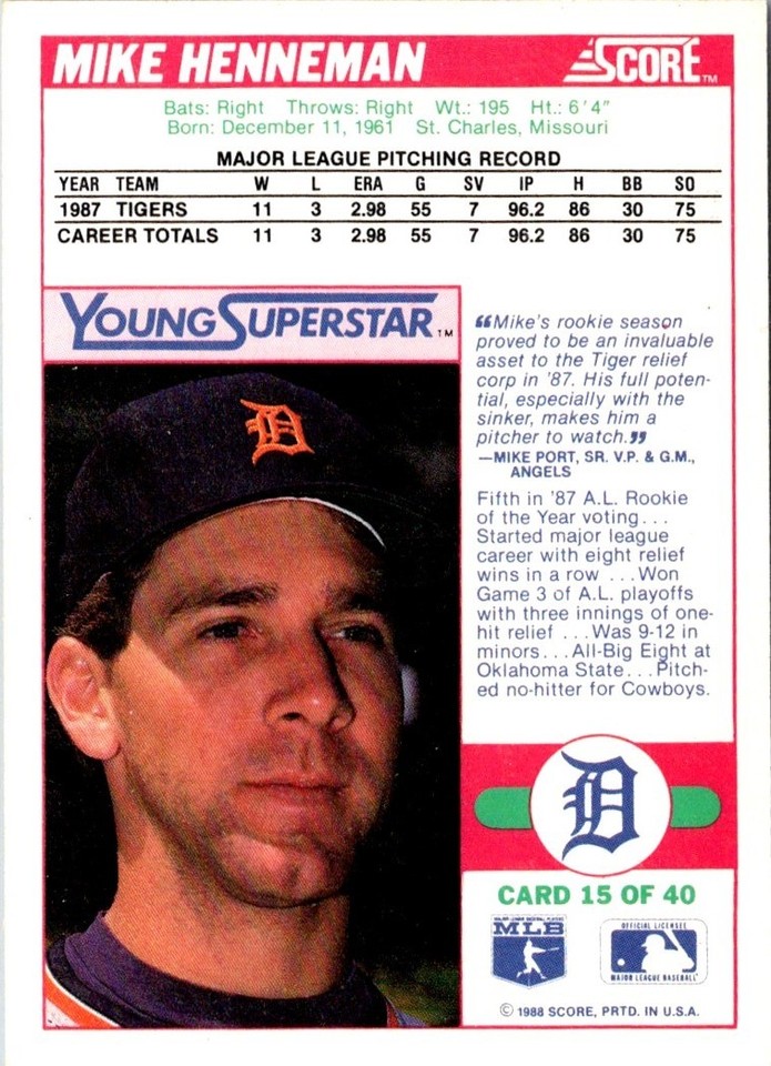 1988 Score Young Superstars I Mike Henneman #15 Detroit Tigers Baseball ...