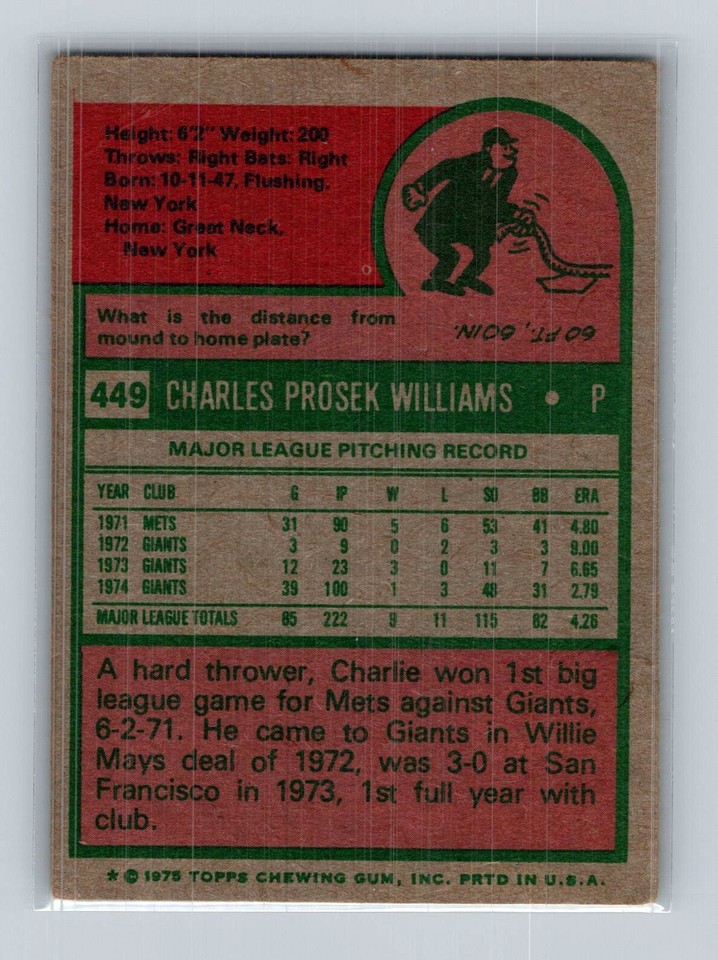 1975 Topps #449 Charlie Williams San Francisco Giants Baseball Card | eBay