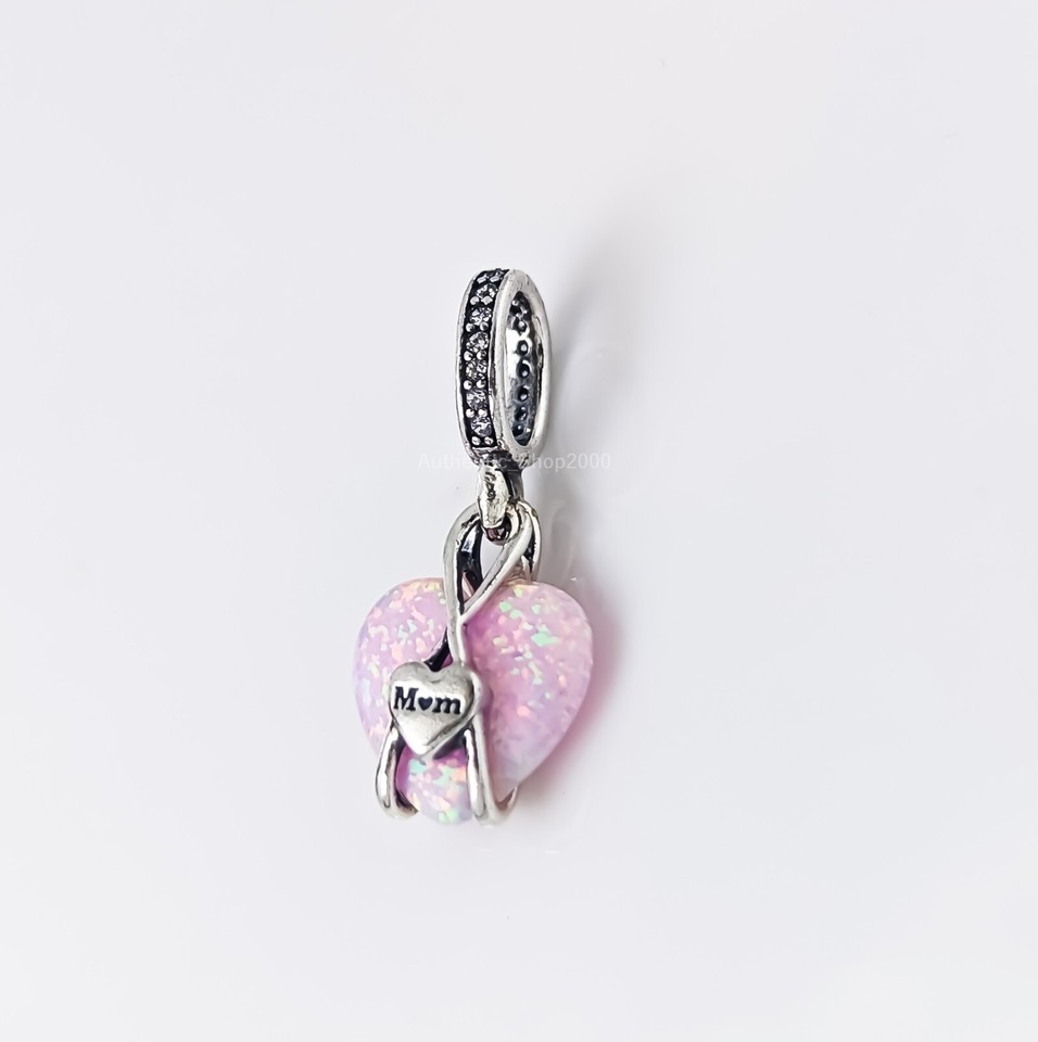 New 100% Authentic PANDORA 925 Pink Mom Opalescent Heart Dangle Charm ...