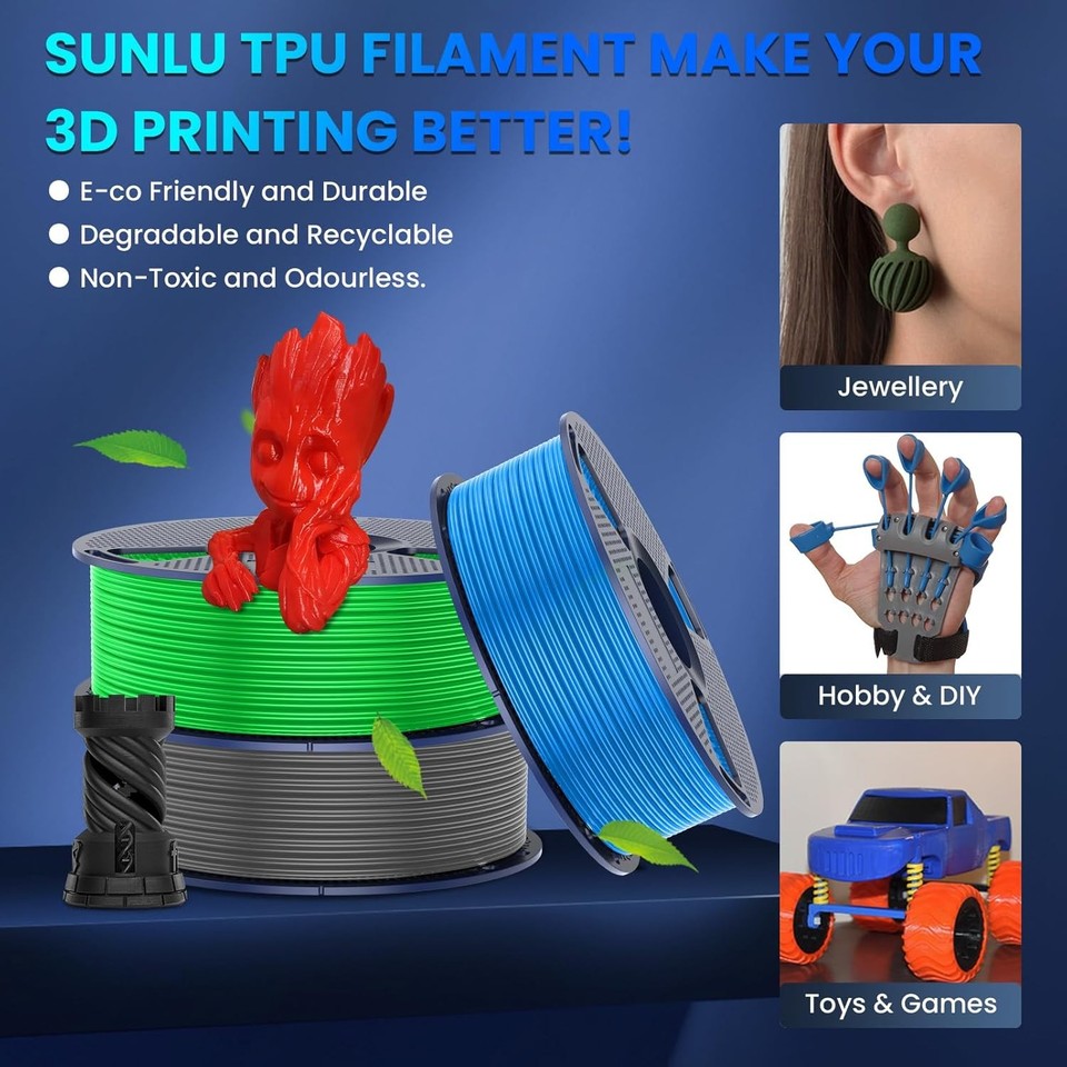 SUNLU TPU 3D Printer Filament 1.75mm, High Speed 95A 1KG, 1000g Black ...