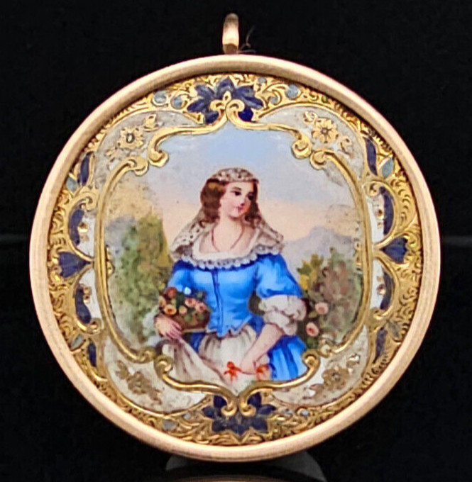 Antique 14K Gold ~HAND PAINTED ENAMEL PORTRAIT WOMAN … - Gem