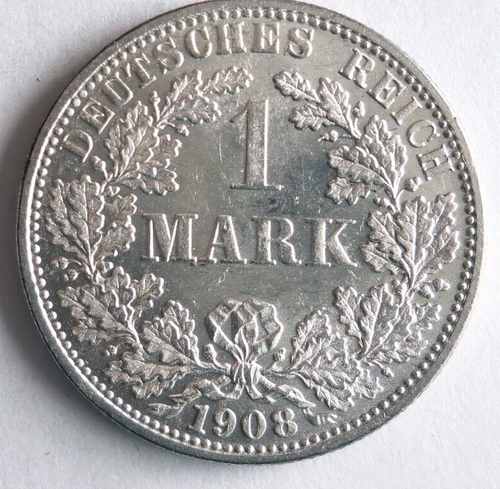 1908 F GERMAN EMPIRE MARK - Key Date - AU - Rare Silver Coin - Premium ...