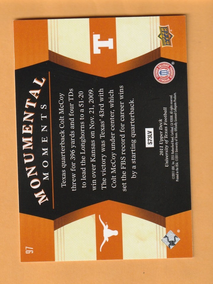Colt McCoy Texas Longhorns 2011 Upper Deck #97 Tuscola TX 1N | eBay