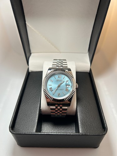 Seiko Mod DateJust: Light Blue Dial Roman Numeral Markers w/ Jubilee ...
