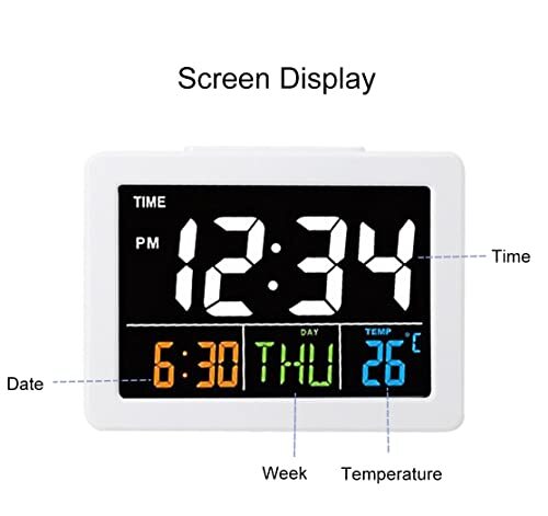 Digital Alarm Clock LCD Color Large Screen with Temperature Week Date ...