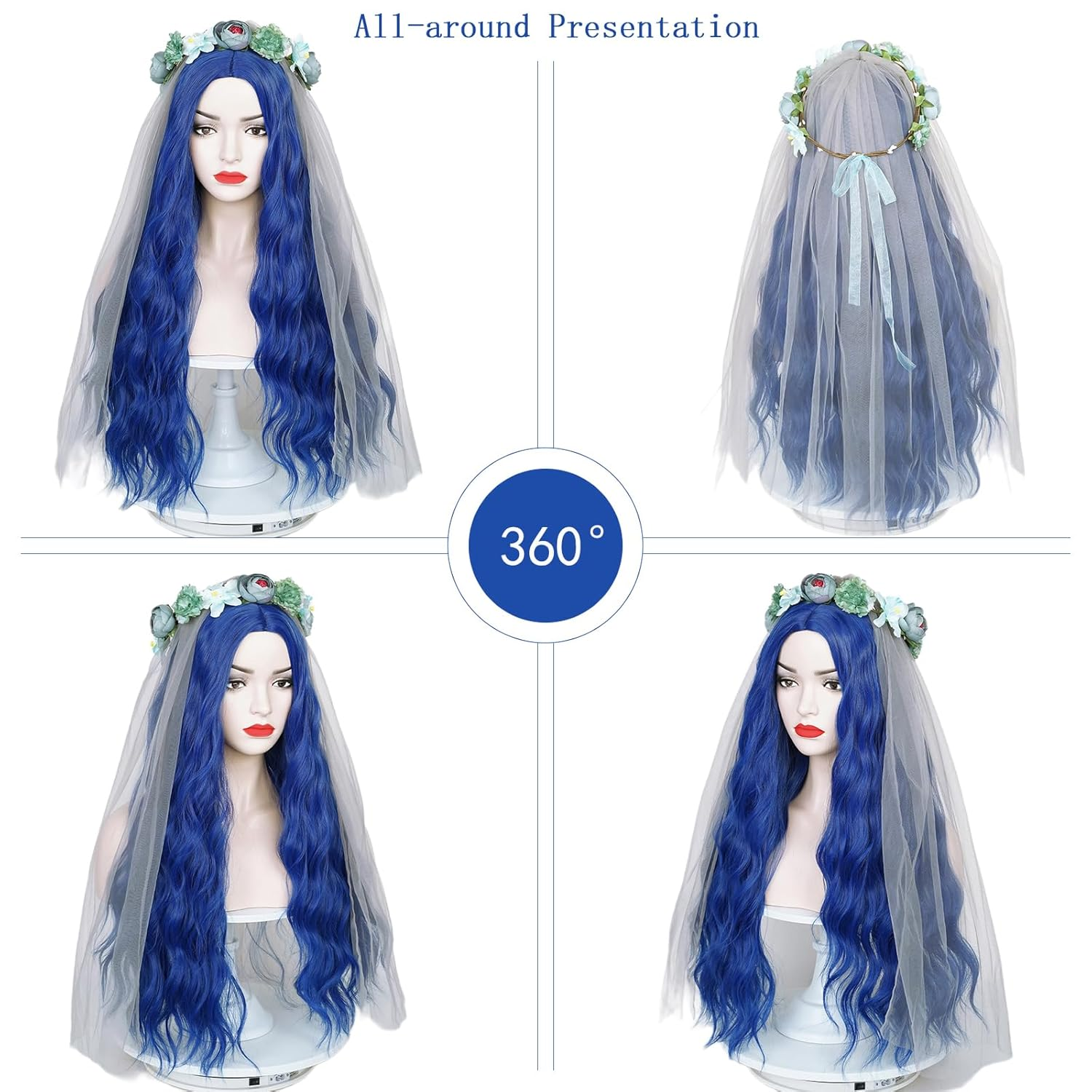 Corpse Cosplay Bride Wig with Veil & Flower Crown & Wig Cap for Women ...