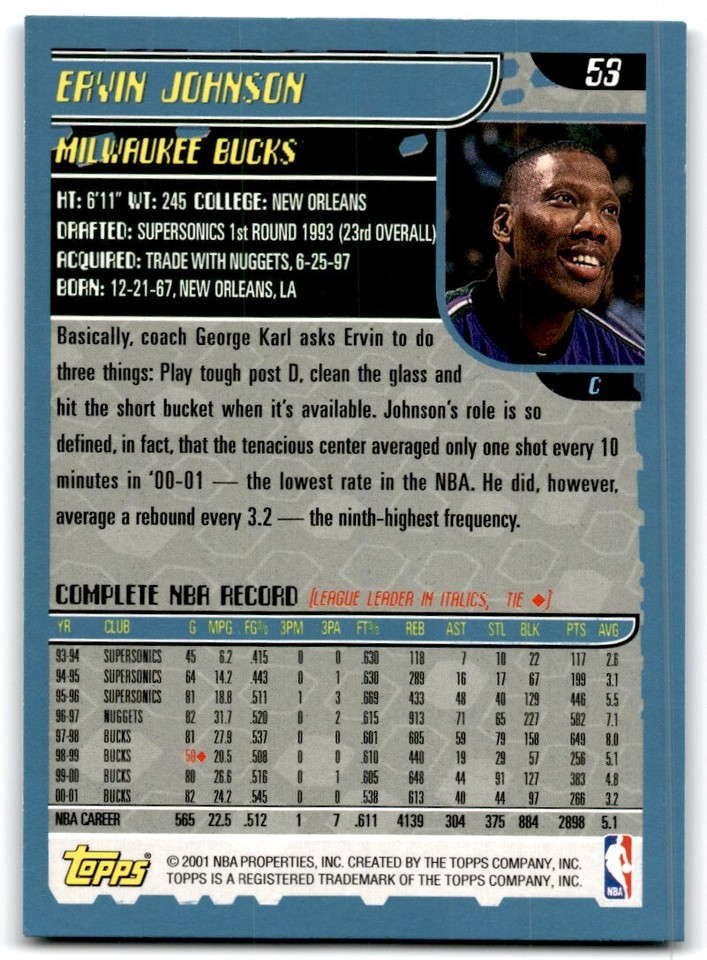 2001-02 Topps. Ervin Johnson Basketball Cards #53 | eBay