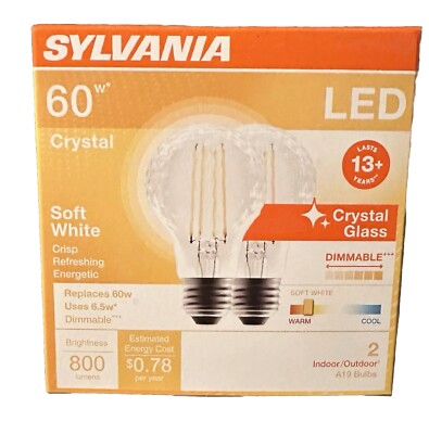 SYLVANIA LED 2 Light Bulbs, 60W Equivalent A19 Efficient 6.5W Crystal ...