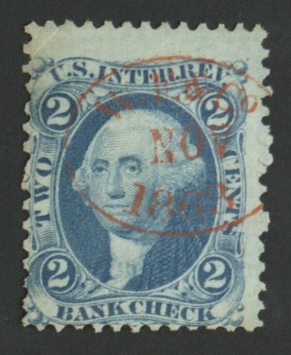 US BOB STAMPS SC#R5c 2¢ BANK CHECK RED HANDSTAMPED WELL'S FARGO & CO ...