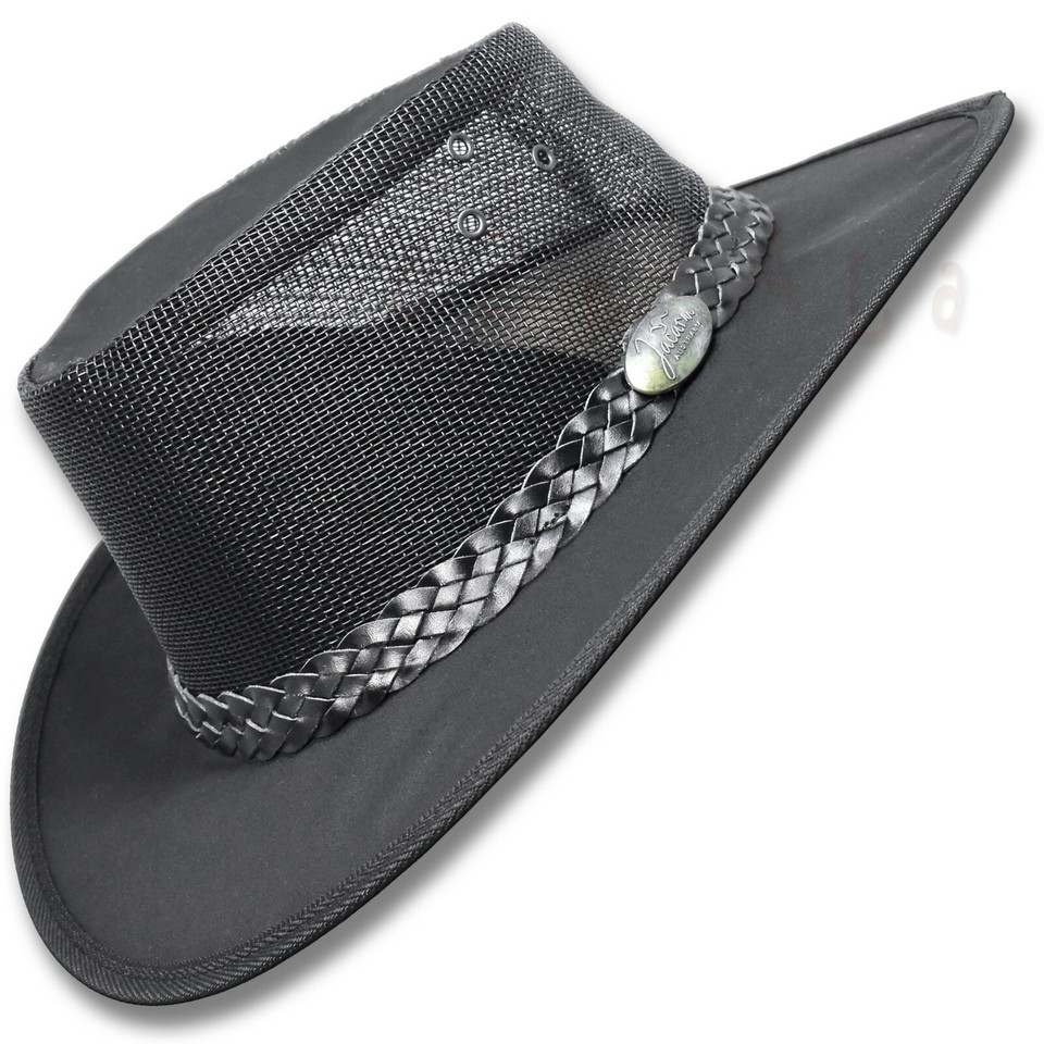 【oZtrALa】 Hat OUTBACK Canvas Cowboy Indiana Jones Black Leather Mens ...