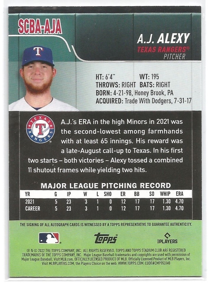 2022 Topps Stadium Club Baseball A.J. Alexy Base Auto SCBA-AJA | eBay
