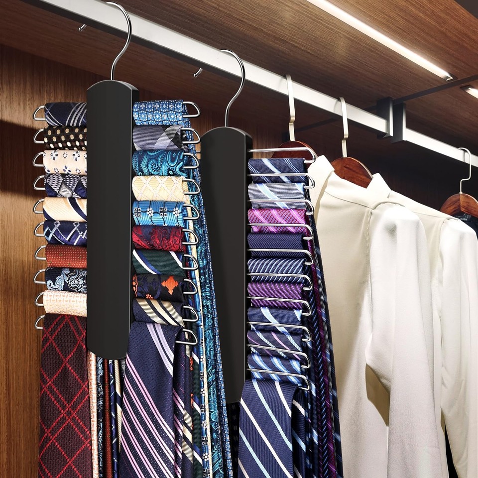 2 Pack Men's Wooden Tie Rack Necktie Organizer Belt Hanger Hold 40 Ties ...
