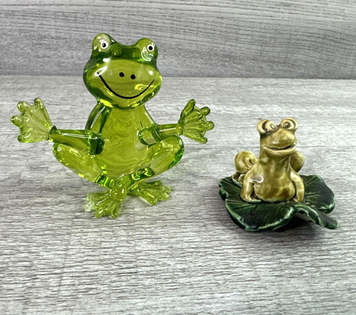 Vtg Green Glass Yoga Frog made in china & Handmade Glazed Frog On A ...