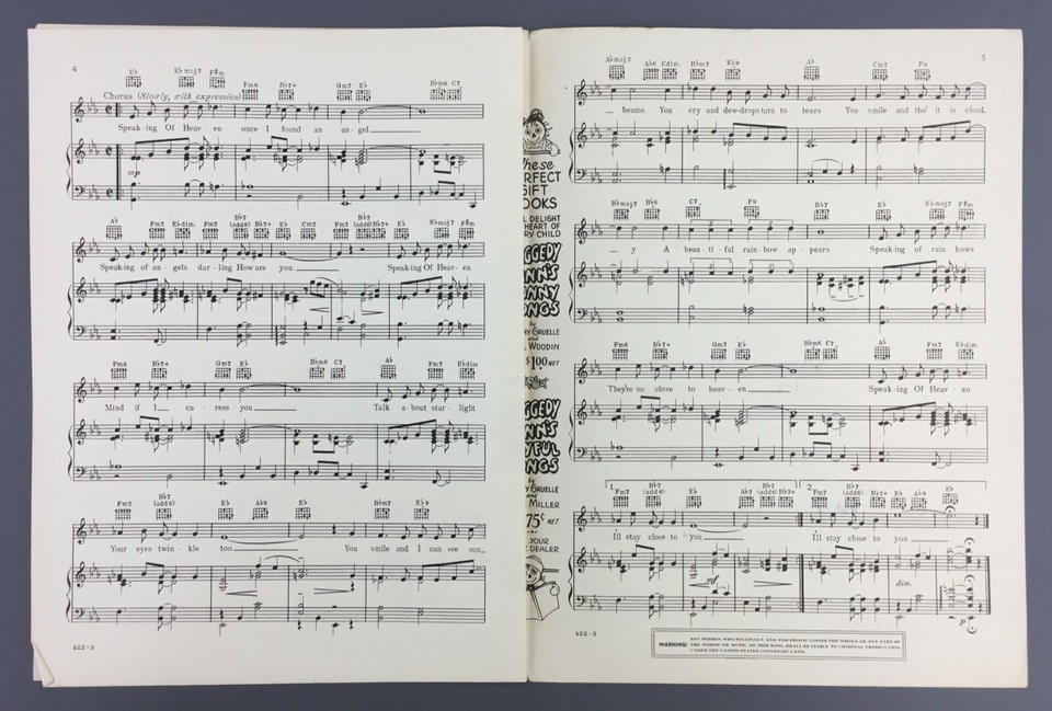 Speaking Of Heaven Ben Cutler Sheet Music 1939 Vintage Piano Guitar Art ...