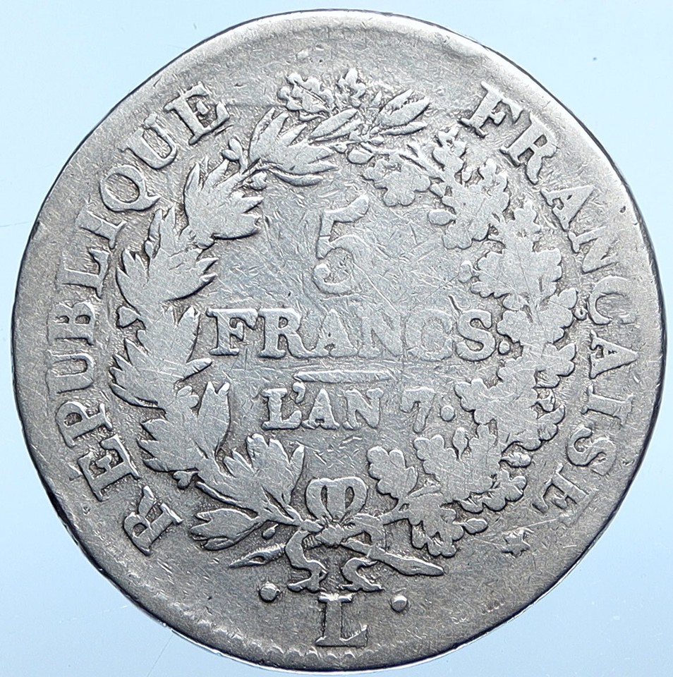 1798 L L'an 7 FRANCE Hercules NAPOLEON First Consul Silver 5 Francs ...