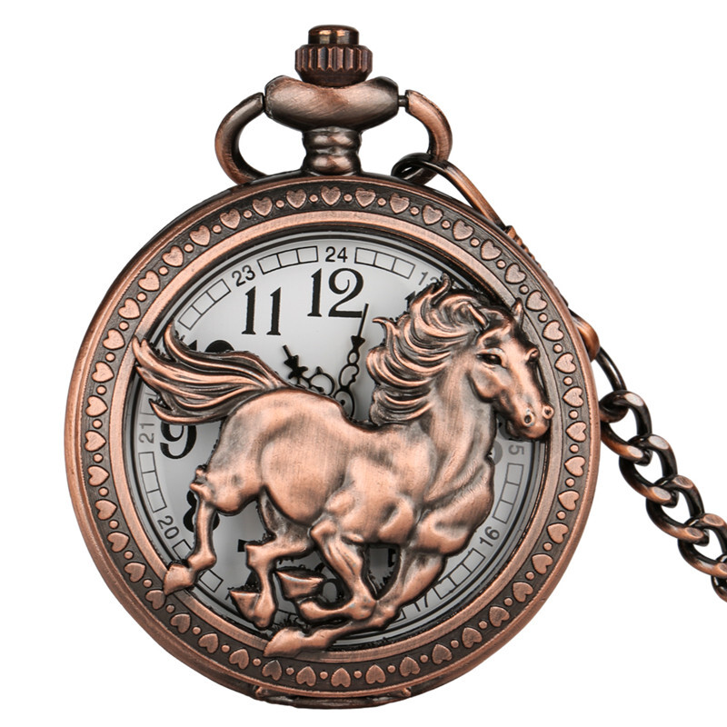 Red Copper Horse Quartz Pocket Watch with Necklace Pendant Chain for ...