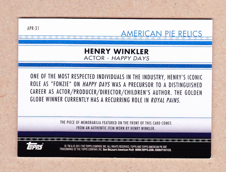 Henry Winkler 2011 Topps American Pie Relic material card #APR-31-Happy Days | eBay