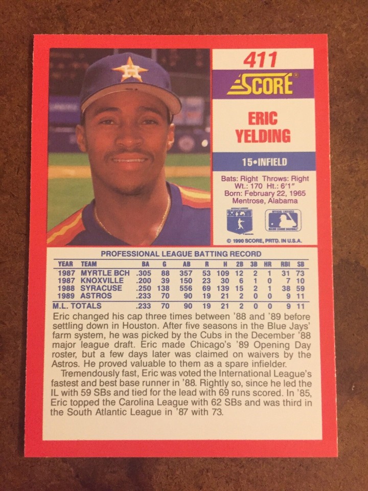 Eric Yelding 411 Score 1990 MLB Baseball Trading Card | eBay