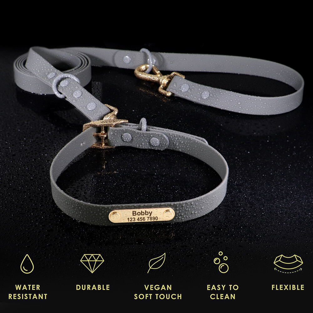 Waterproof Rubber Dog Collar and Leash Set Custom Nameplate Adjustable ...