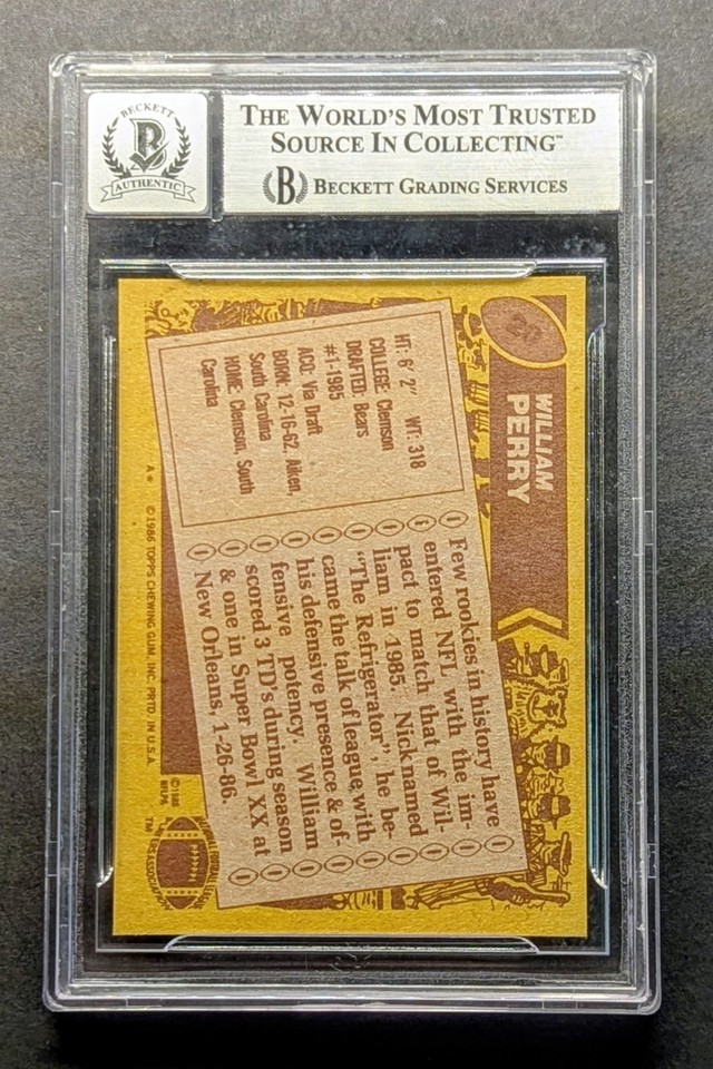 WILLIAM "THE FRIDGE" PERRY Rookie Auto 1986 Topps BGS 10 Gem Mint Auto ...