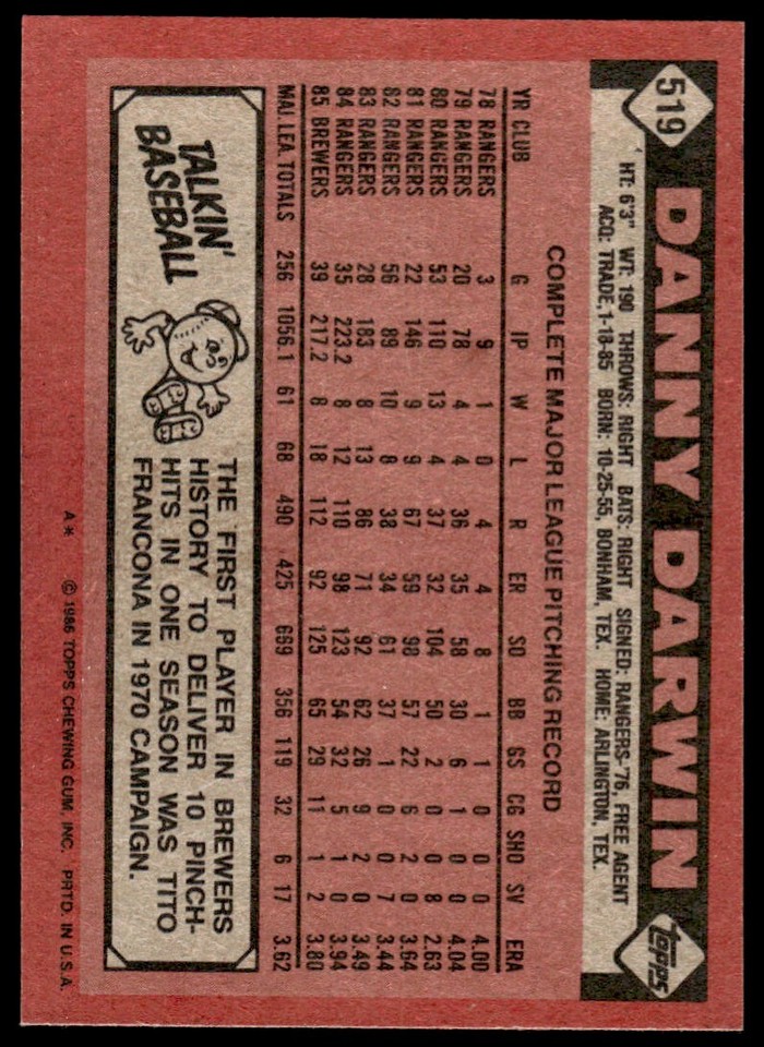 1986 Topps Baseball Card Danny Darwin A Milwaukee Brewers #519 | eBay