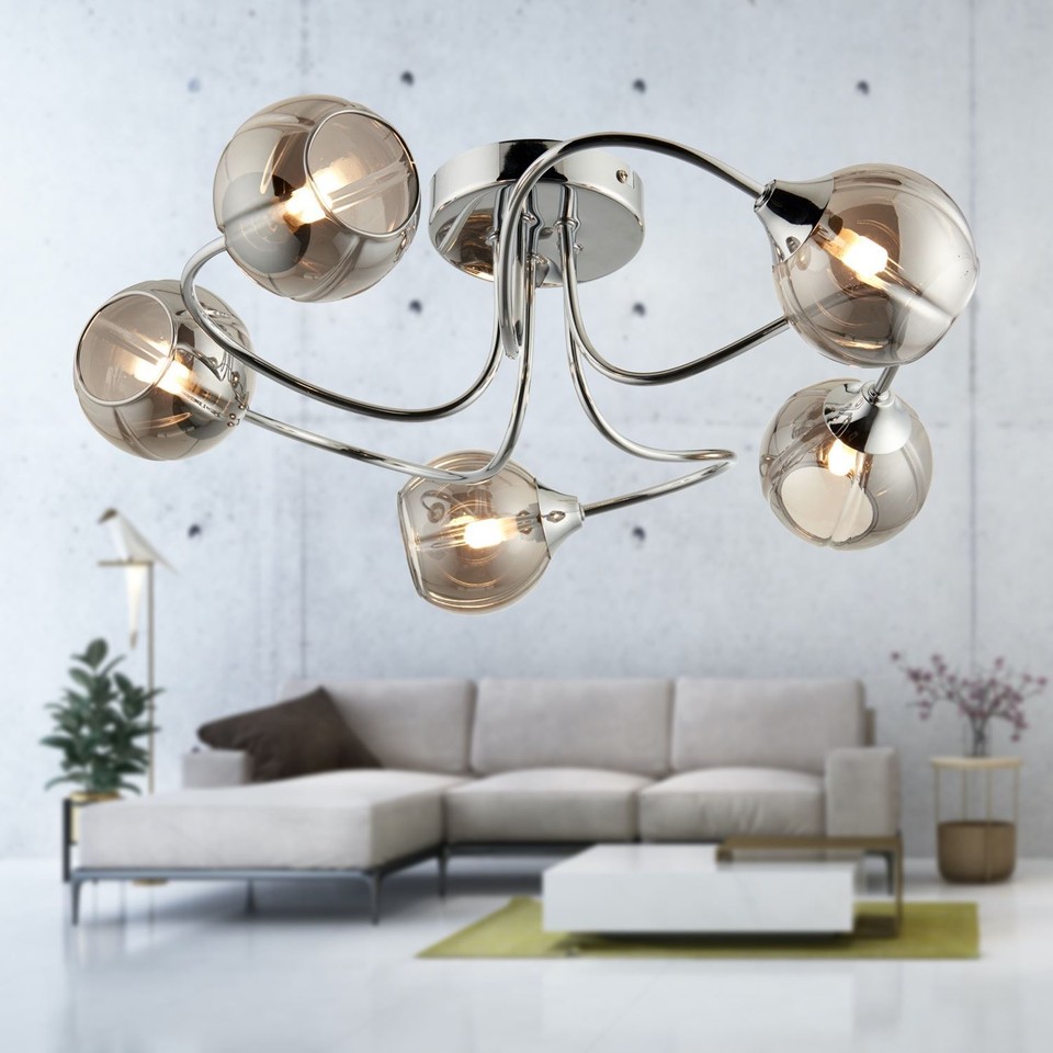 Modern Ceiling Light 5 Arm Flush Swirl Design Chrome with Smoked Glass ...