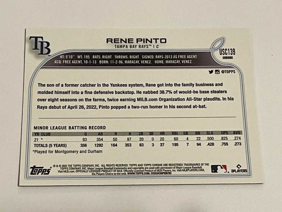 2022 Topps Chrome Update Baseball Purple Refractor - Rene Pinto RC ...