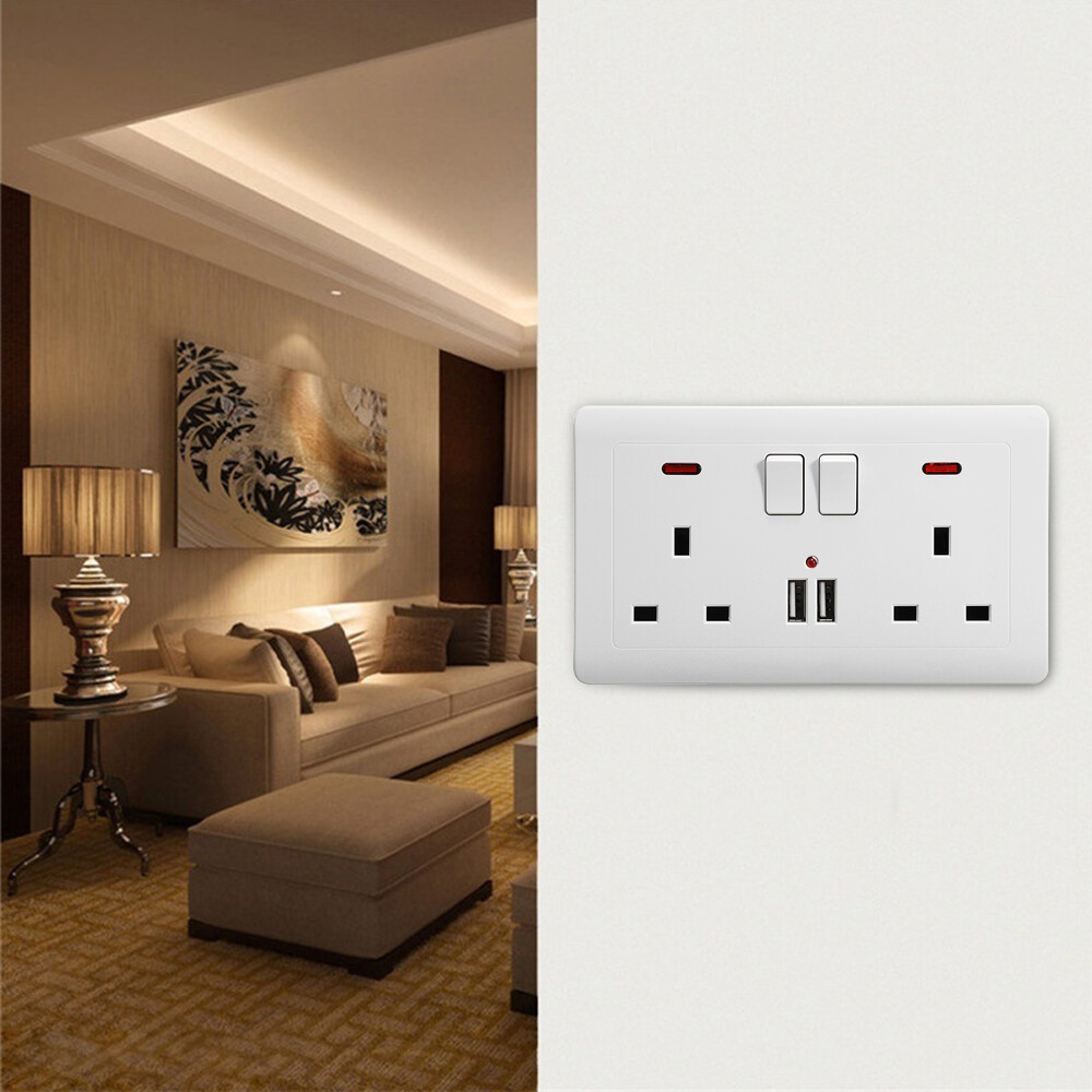 Double Wall Plug Socket 2 Gang 13A with 2 USB Charger Port Outlets ...