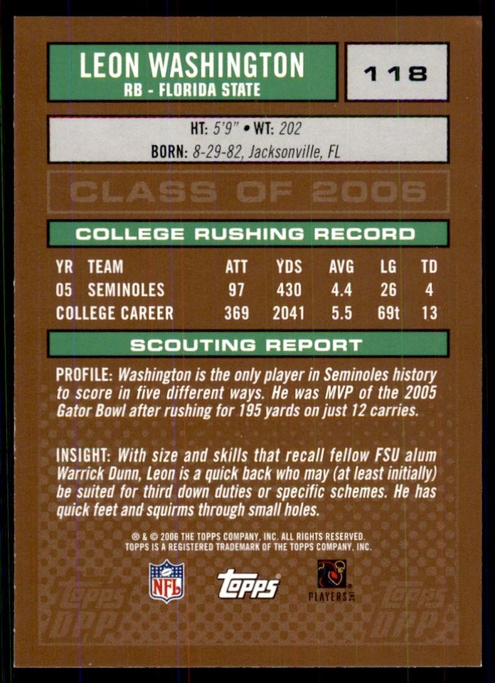 2006 Topps Draft Picks & Prospects Leon Washington Rookie Florida State ...