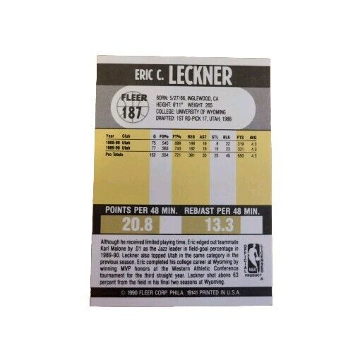 1990 Fleer Eric Leckner NBA Basketball Card #187 Sacramento Kings (D5 ...