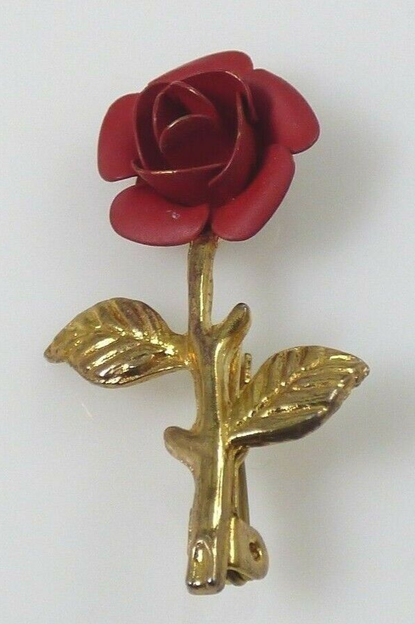 Rose Brooch Pins Gold Tone Metal with Leaves Stems Red Enamel Lot of 2 ...