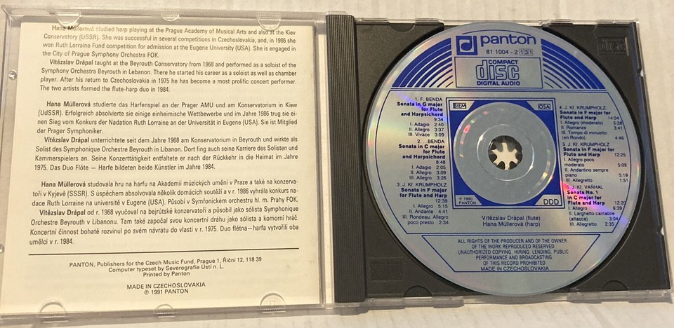 Drapal Mullerova Benda Krumpholz Vanhal CD Songs For Flute Harp Panton ...
