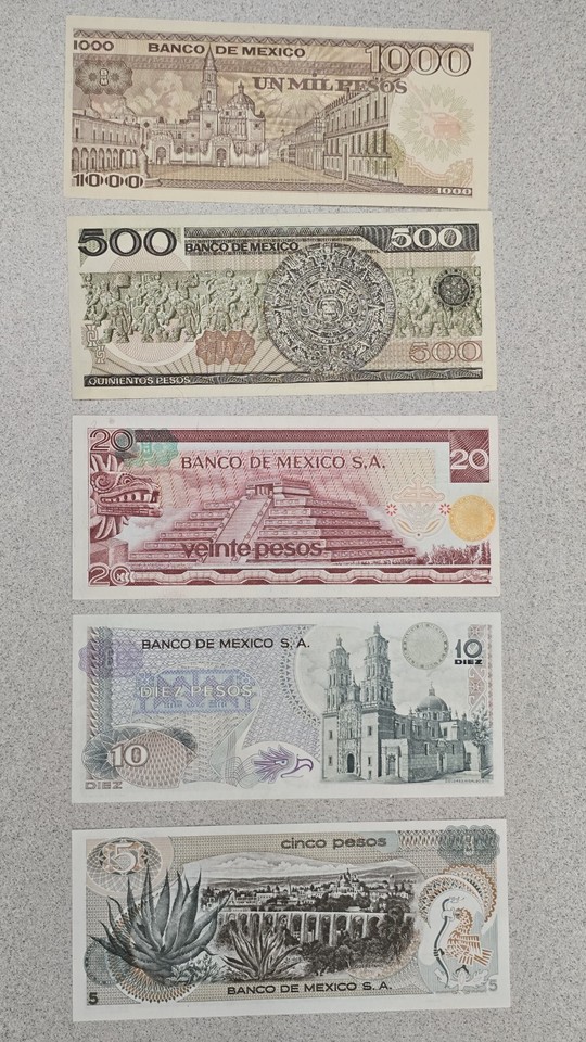 5 collector notes Mexico peso currency bank MXP 5 10 20 500 1000 ...