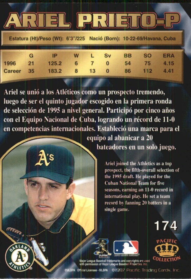1997 Pacific Oakland Athletics Baseball Card #174 Ariel Prieto | eBay