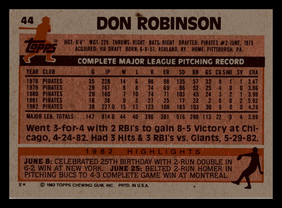 1983 Topps Don Robinson #44 Near Mint NM Pittsburgh Pirates Vintage | eBay