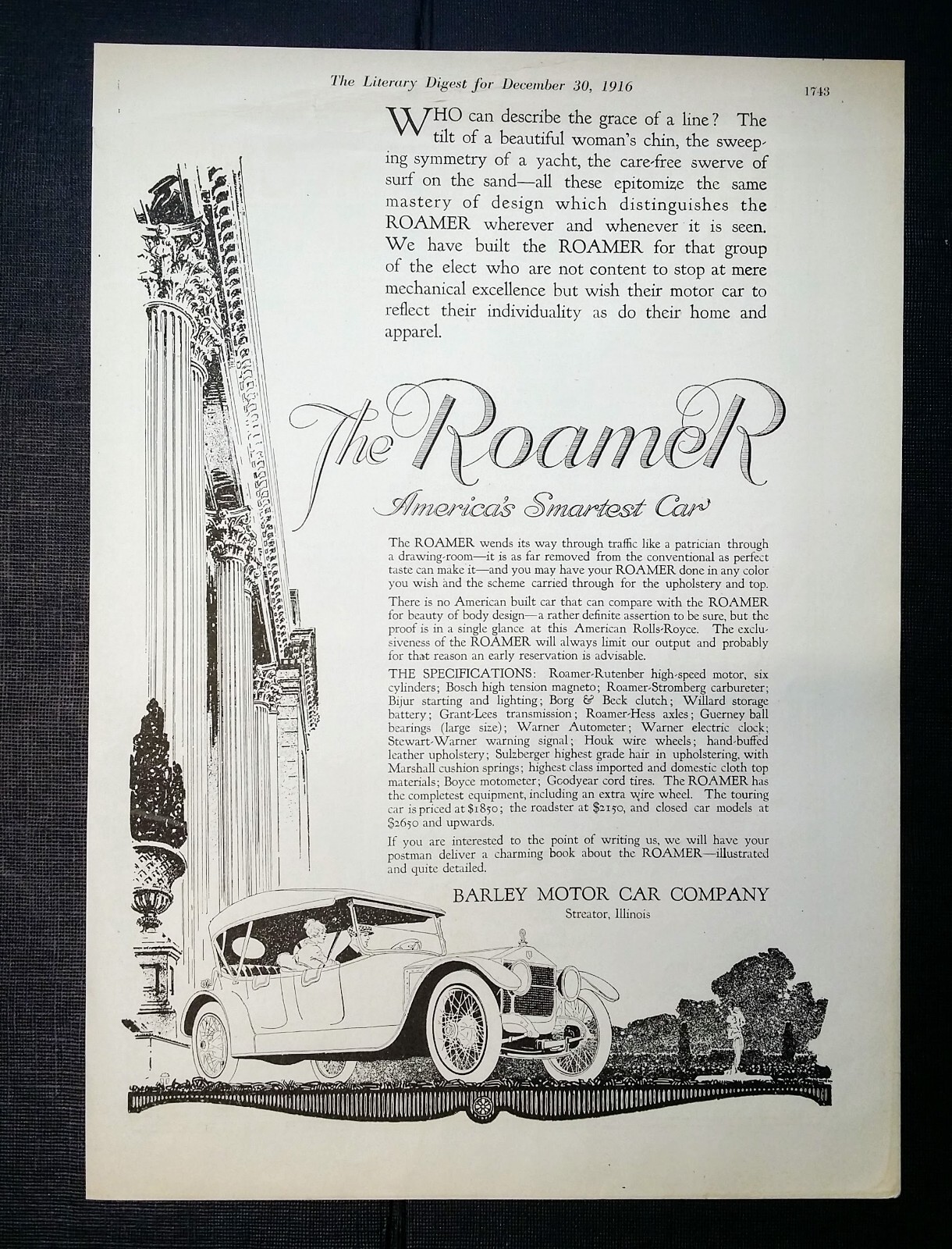 1916 Barley Motor Car Co The Roamer American Rolls-Royce Vintage Art ...