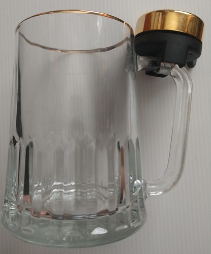 VTG. TUDOR DEMA GLASS BEER STEIN MUG WITH RING FOR BEER 18 OZ. GOLD RIM ...