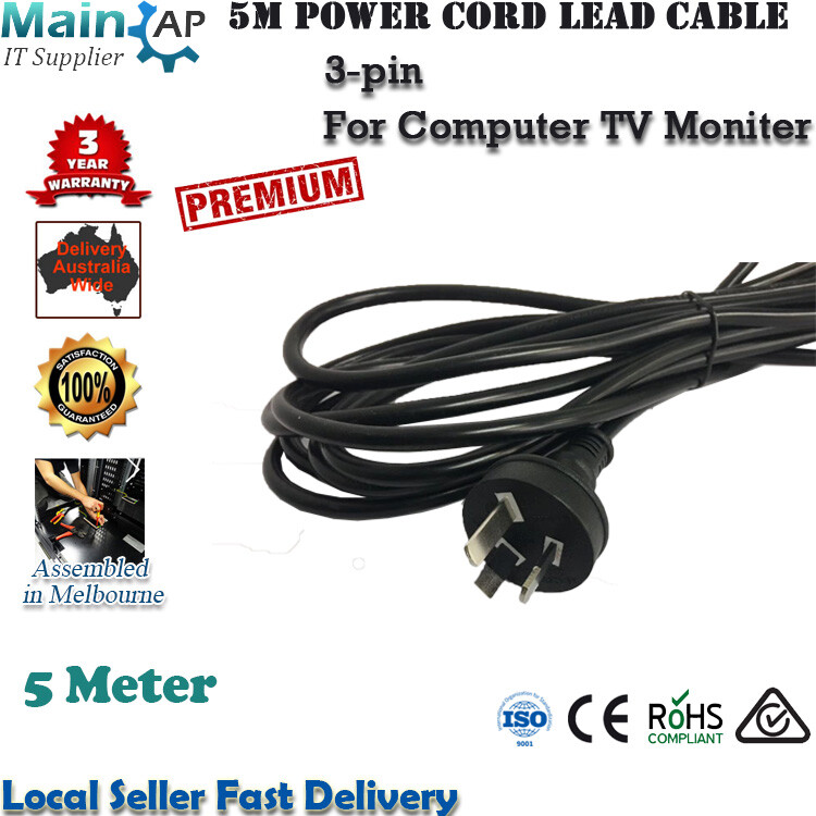 5M Australian 3 Pin Power Cord Lead For PC LCD Monitor TV Power Supply ...