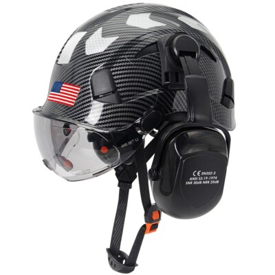 Construction Hard Hat W/ Earmuffs Visor Built In Goggles Reflective ...