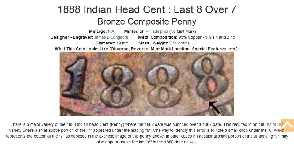 1888 Indian Head Penny 8 over 7 Error; Rare Old Coin Money for ...