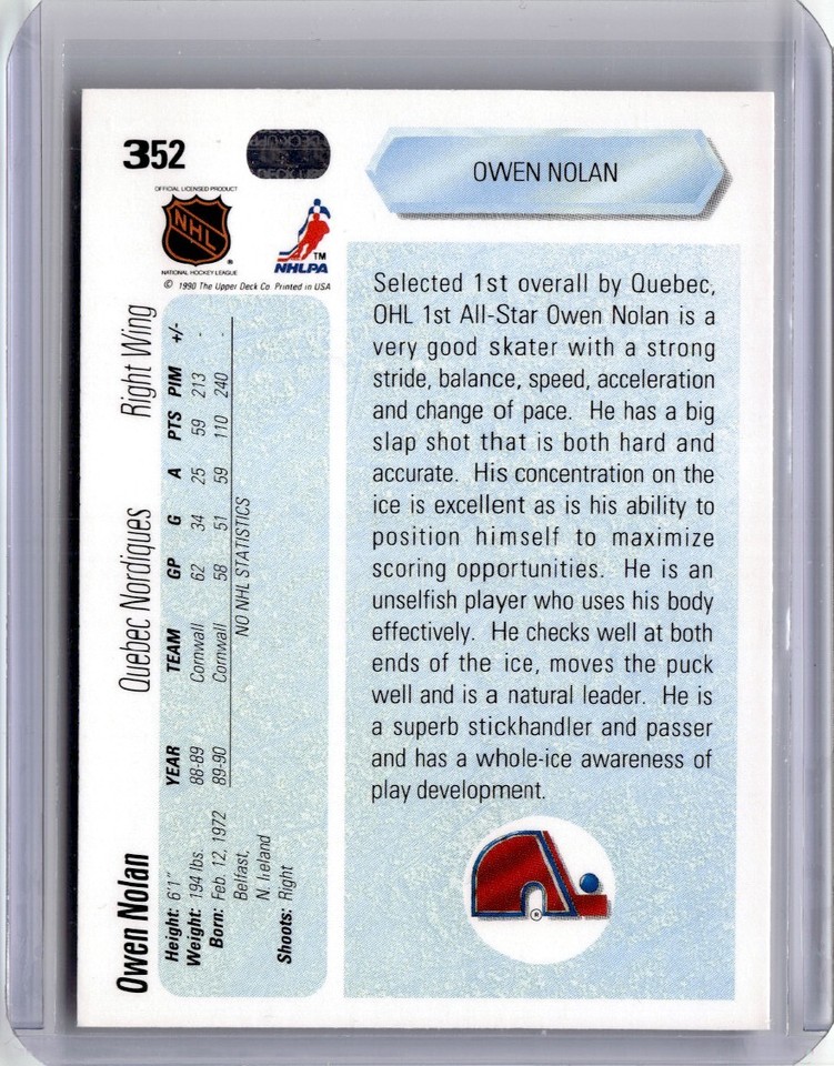 1990-91 Upper Deck Hockey Card Owen Nolan Rookie Quebec Nordiques #352 ...