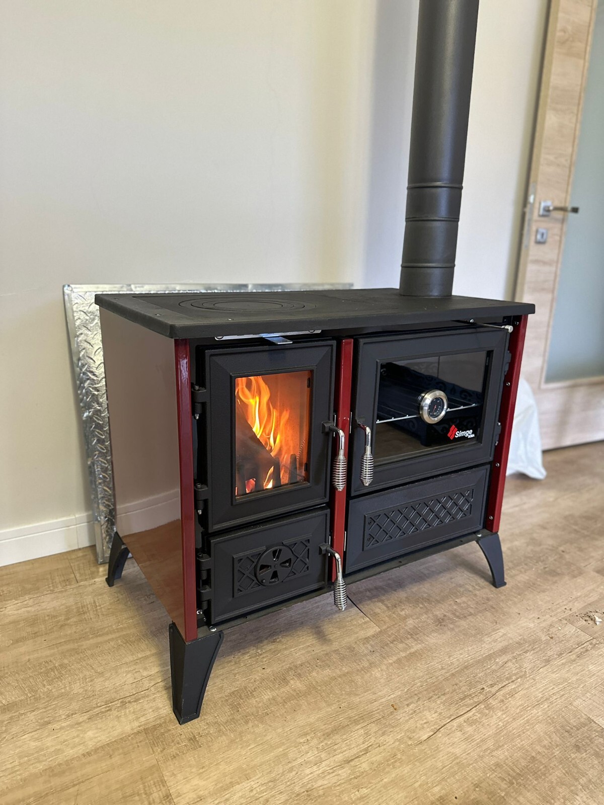 Red enameled wood burning stove with oven, wood cook stove, range stove ...