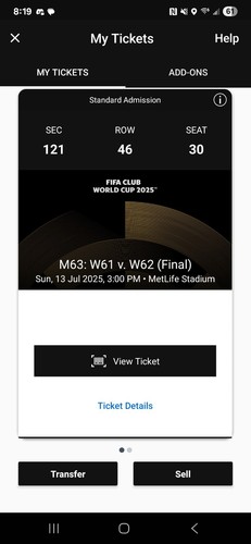 2 Club World Cup Final Tickets. Metlife Stadium. Sec 121. Row 46. Seats ...